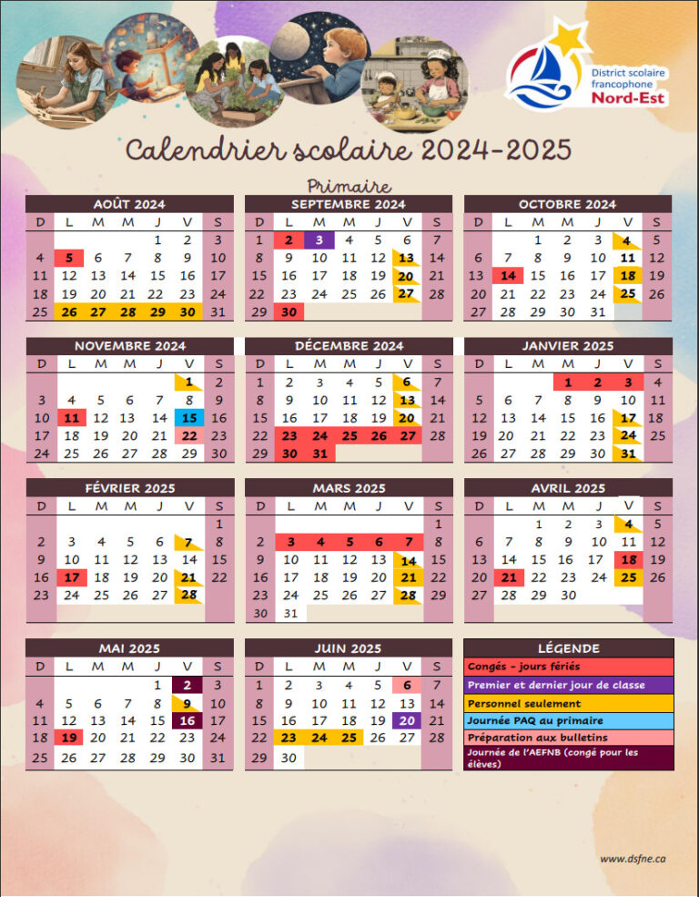 Calendriers scolaires 2024-2025 - District scolaire francophone Nord-Est